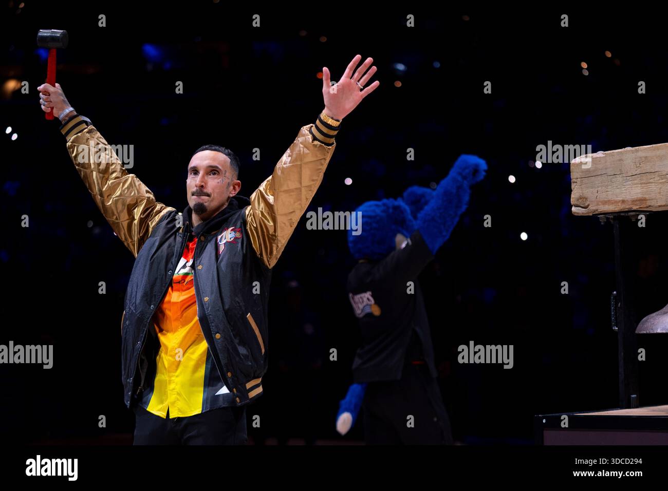 Actor Luis Da Silva Jr. reacts after ringing the bell before an NBA ...