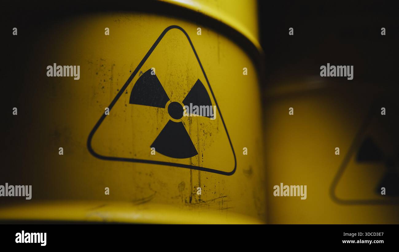 Radioactive symbol on yellow toxic waste barrel close-up. 3d rendering ...