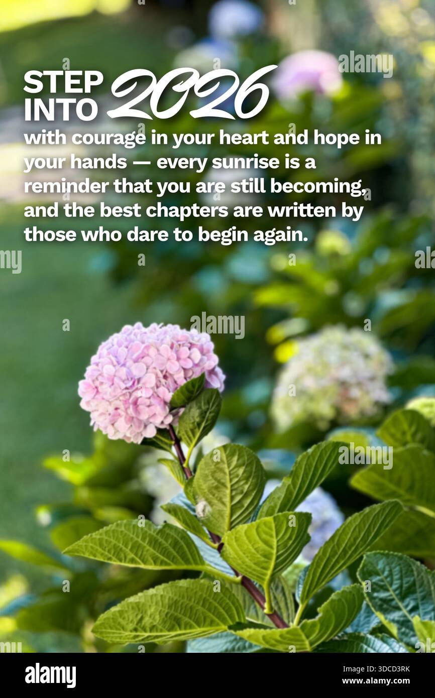 Vertical photo of pink hydrangea in a lush garden with inspirational ...
