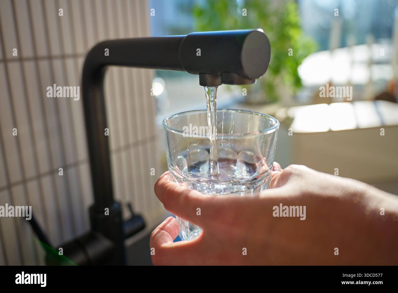 Hand filling glass with drinking water from kitchen faucet in modern ...