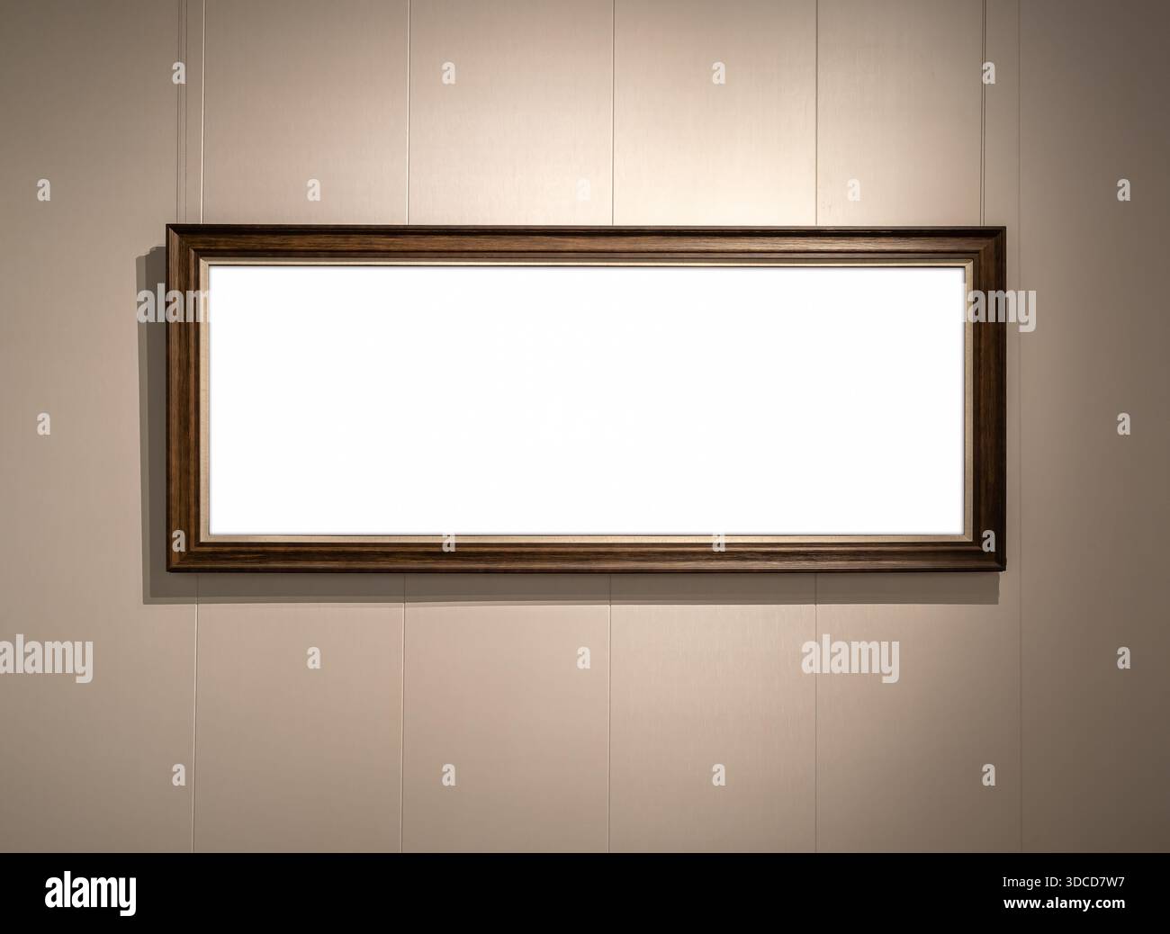 Mockup blank luxury dark brown wooden panoramic frame on gallery wall ...