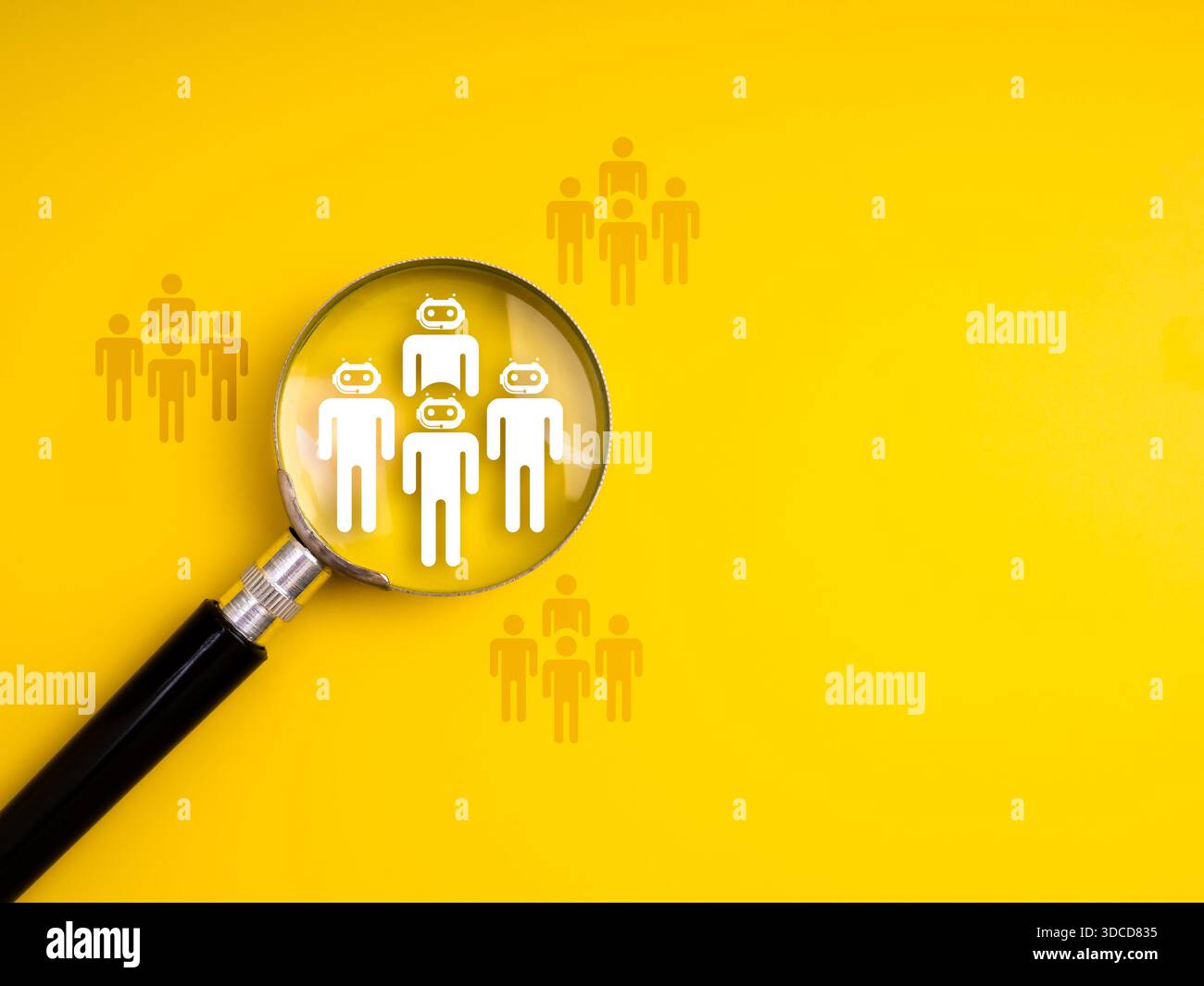 Magnifying glass focusing on humanoid AI team icons among people ...