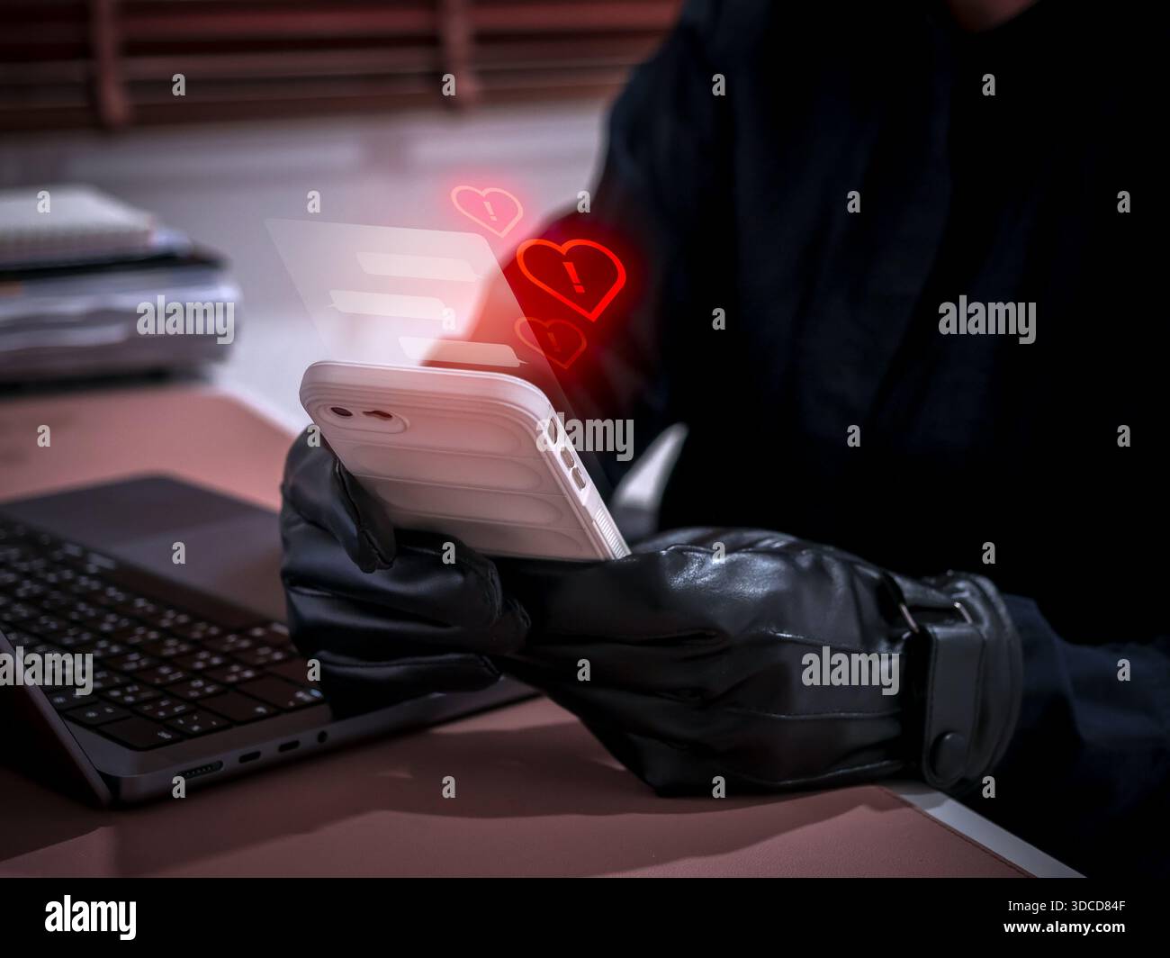 Romance scam concept showing a cybercriminal using a smartphone to ...