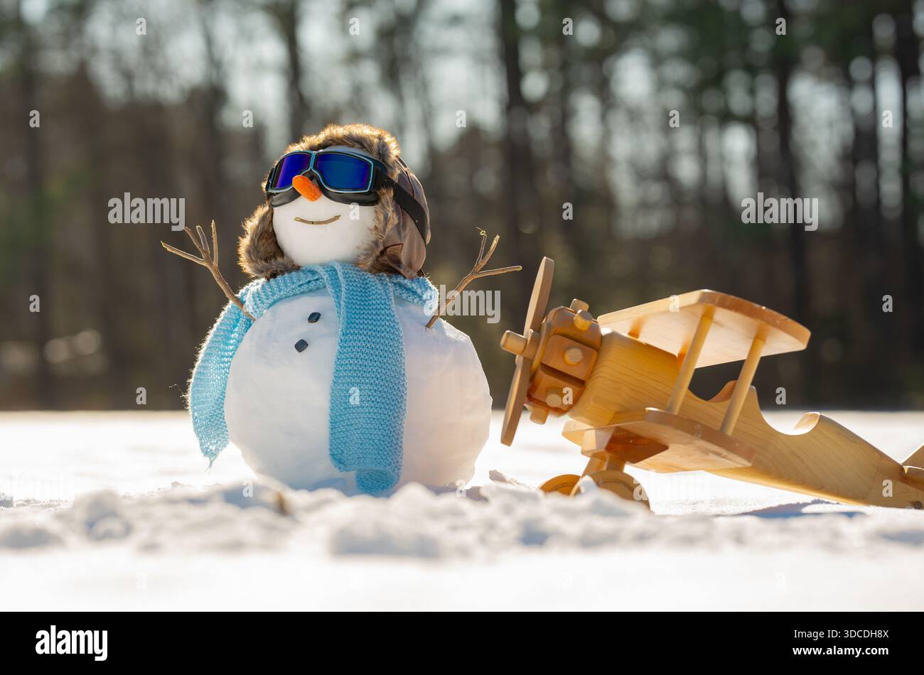 Christmas card with snowman aviator. Snowman with goggles and wooden ...