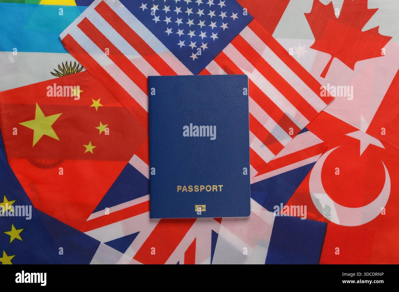 Travel theme. Passport on the background of many flags of countries ...