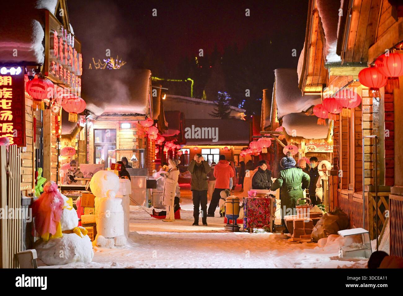 Aerial photo shows the night view of the China Snow Town scenic area in ...
