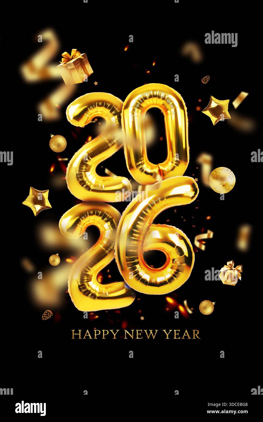 Happy New Year 2026 celebration background. Gold foil balloon numbers ...