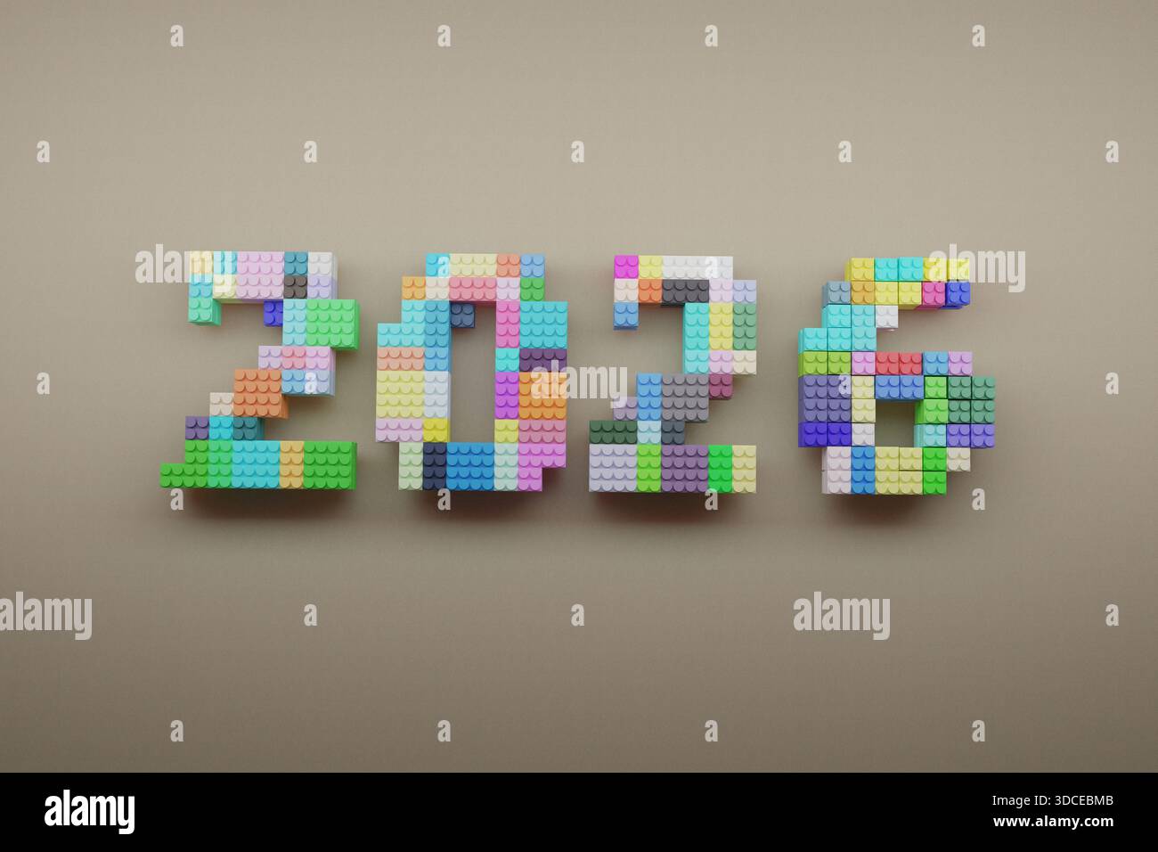 The year 2026 constructed from colorful, pastel, plastic building ...