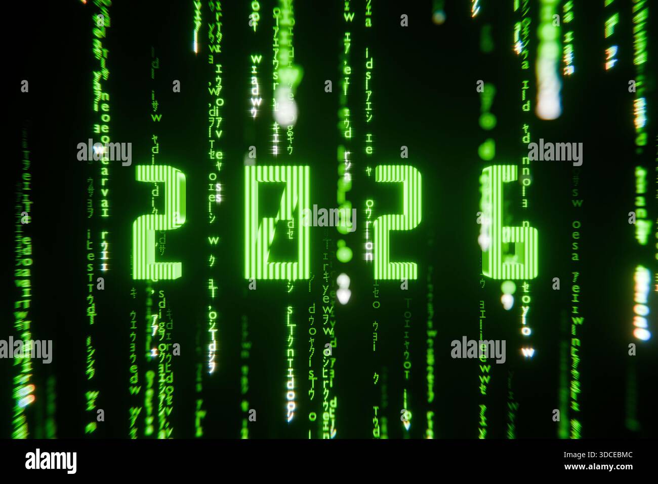 Bright green 2026 digital text displayed within a classic Matrix-style ...