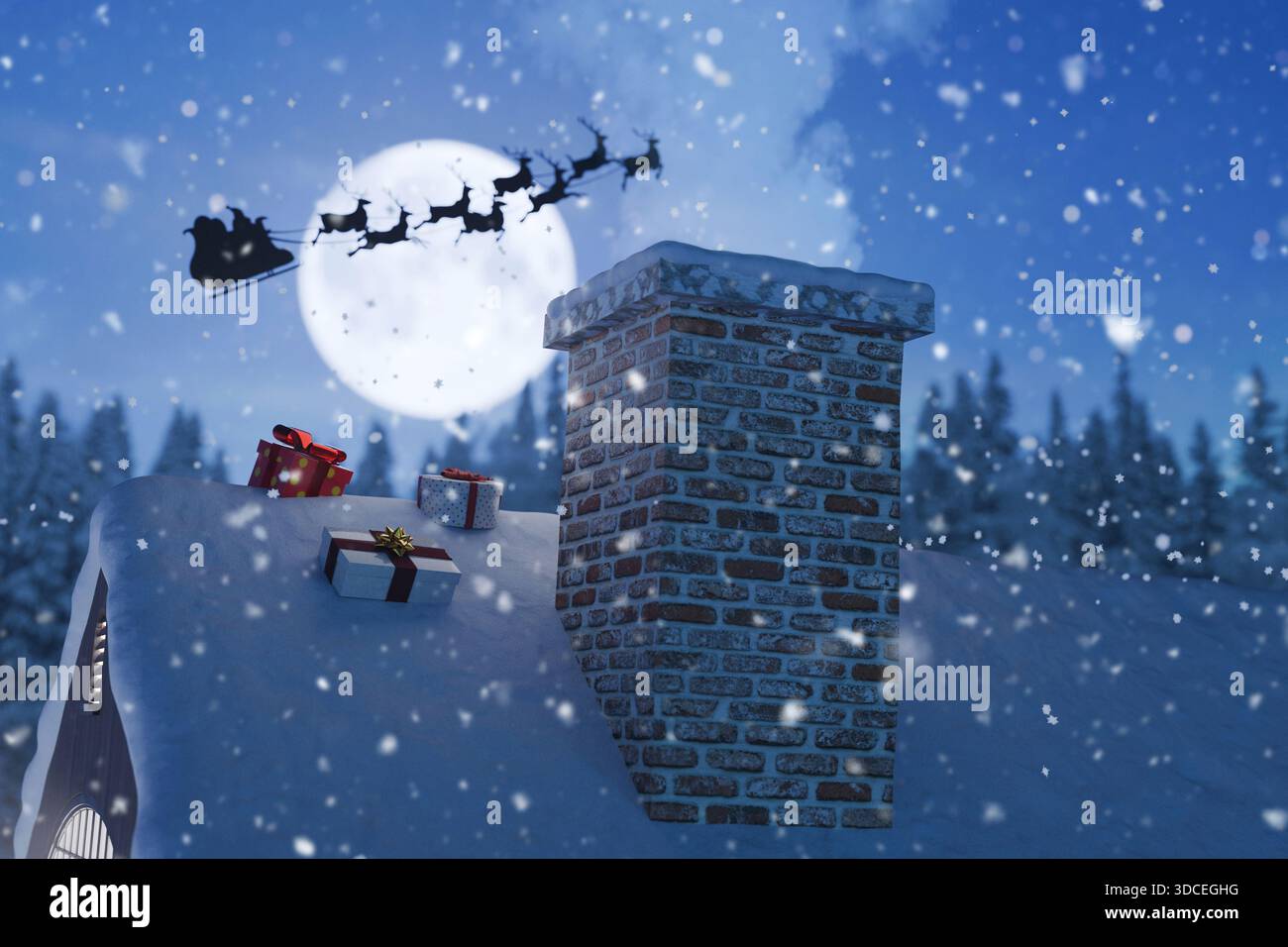 Santa Claus and his sleigh fly past a chimney and full moon over a ...