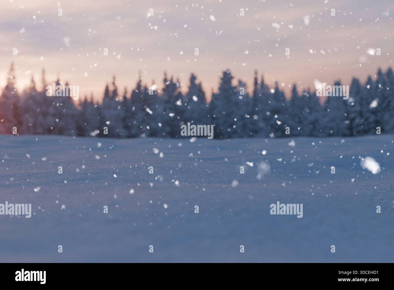 serene winter landscape featuring fresh snow in the foreground and a ...