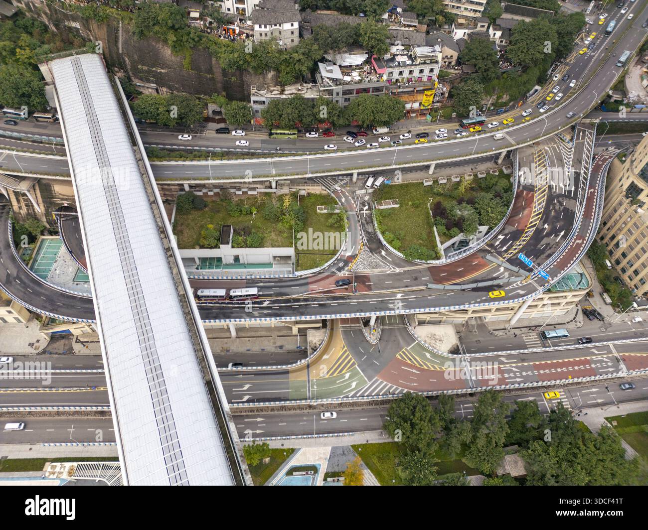 Aerial view of a complex network of elevated roads and bridges weaving ...