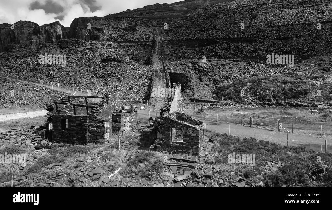 Aerial view of ruined slate quarry buildings and steep inclined plane ...