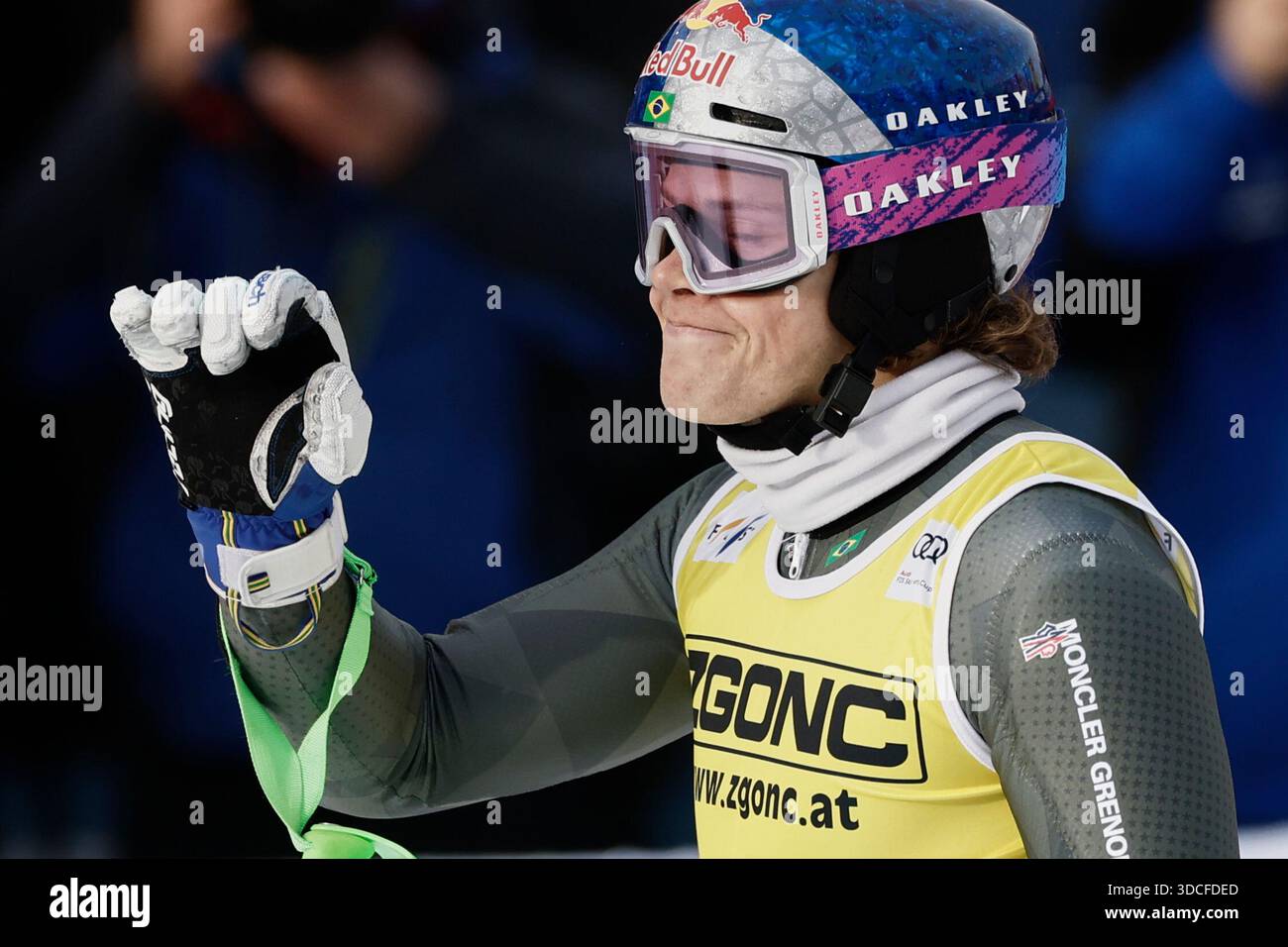 Brazil's Lucas Pinheiro Braathen celebrates at the finish area of an ...