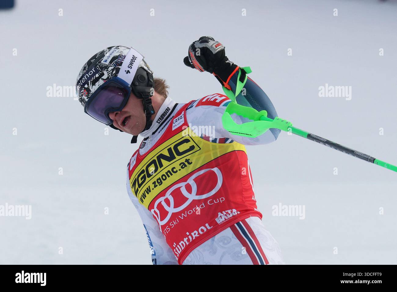 Norway's Timon Haugan celebrates at the finish area of an alpine ski ...