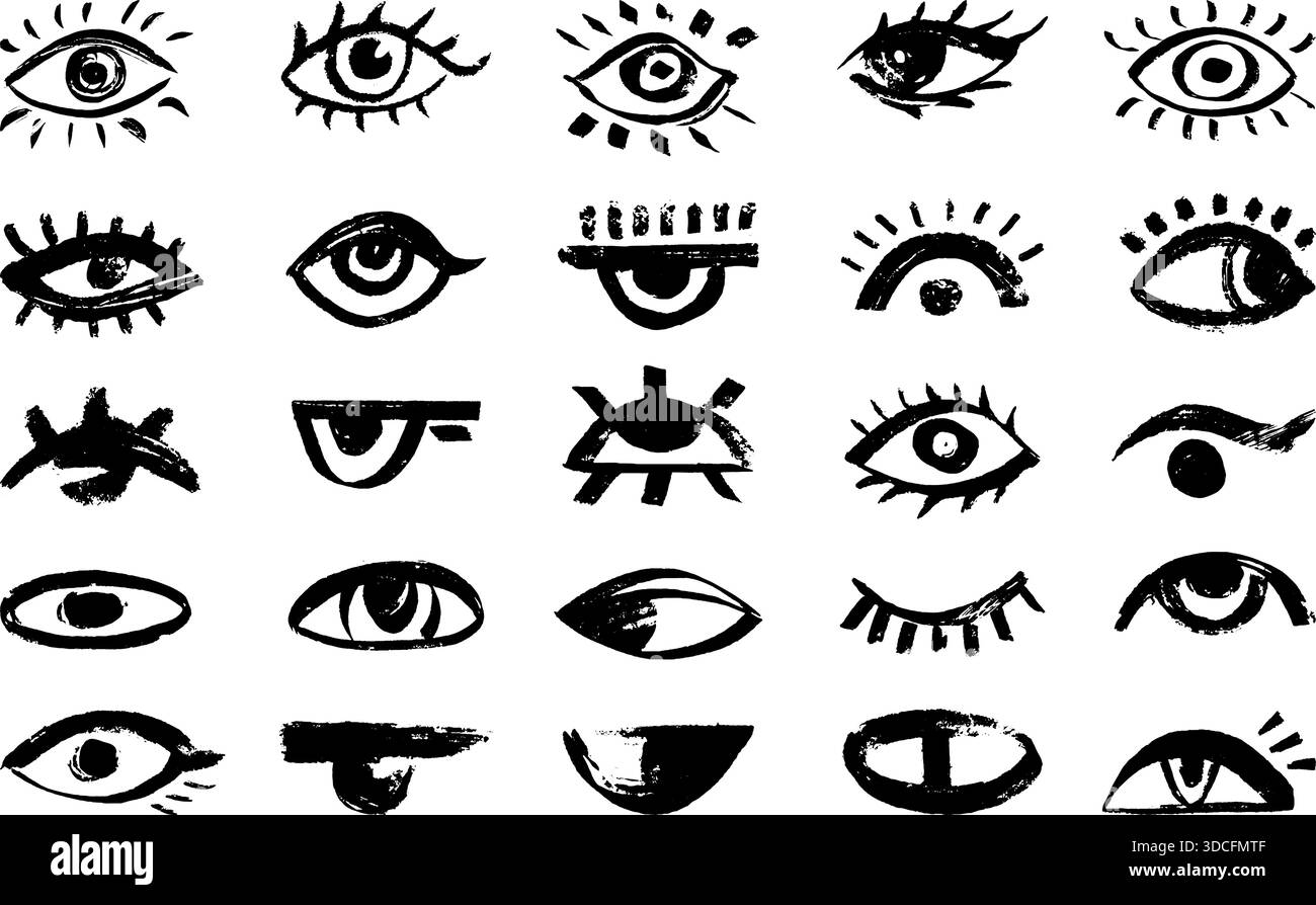 Brush drawing eyes. Bold ink brushes lines, abstract female eye with ...