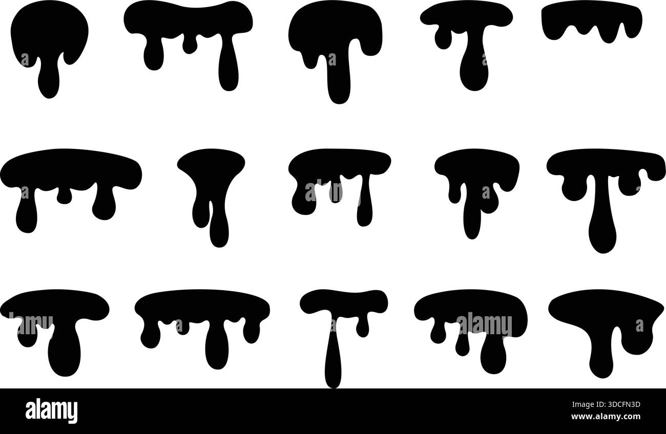 Black dripping flows. Oil flow, ink drops isolated. Decorative liquid ...