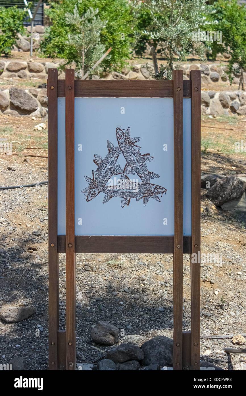 A sign with three fishes at Kfar Nahum National Park in Capernaum in ...