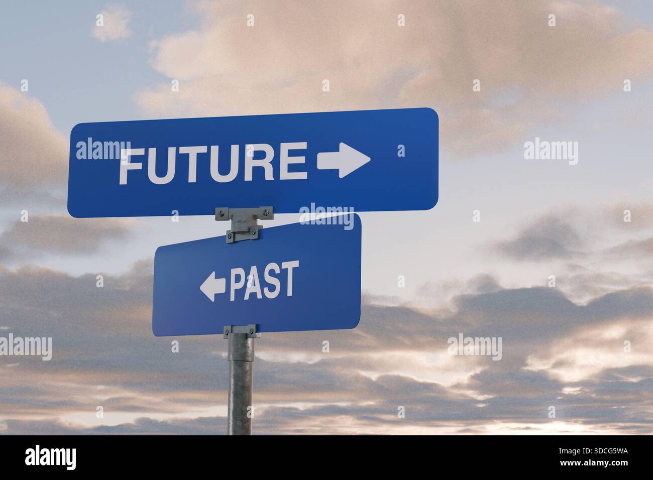 Blue road signs showing “Future” and “Past” with arrows pointing in ...