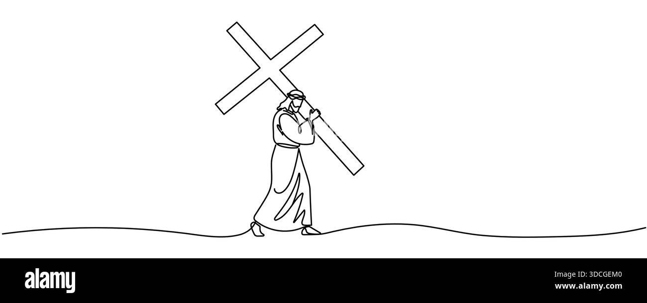 Continuous one line drawing of Jesus Christ carrying the cross ...
