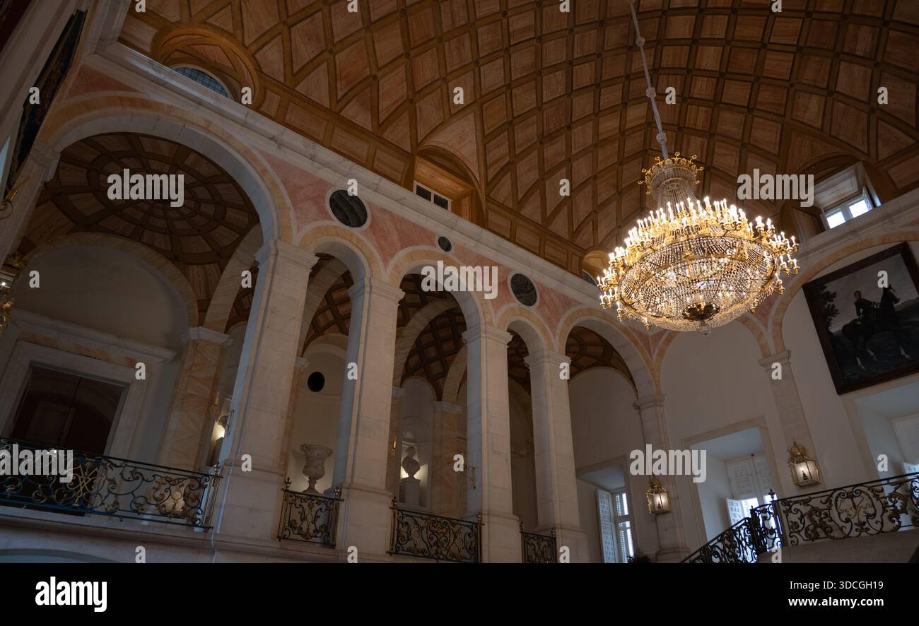 Interior view of a grand hall featuring ornate architecture, high ...