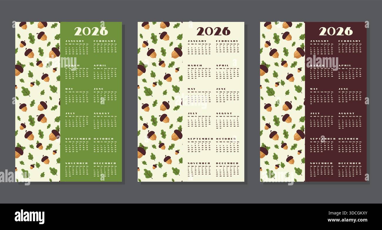 Set Vertical Calendar 2026 Template Autumn Acorn Theme Colors Stock ...