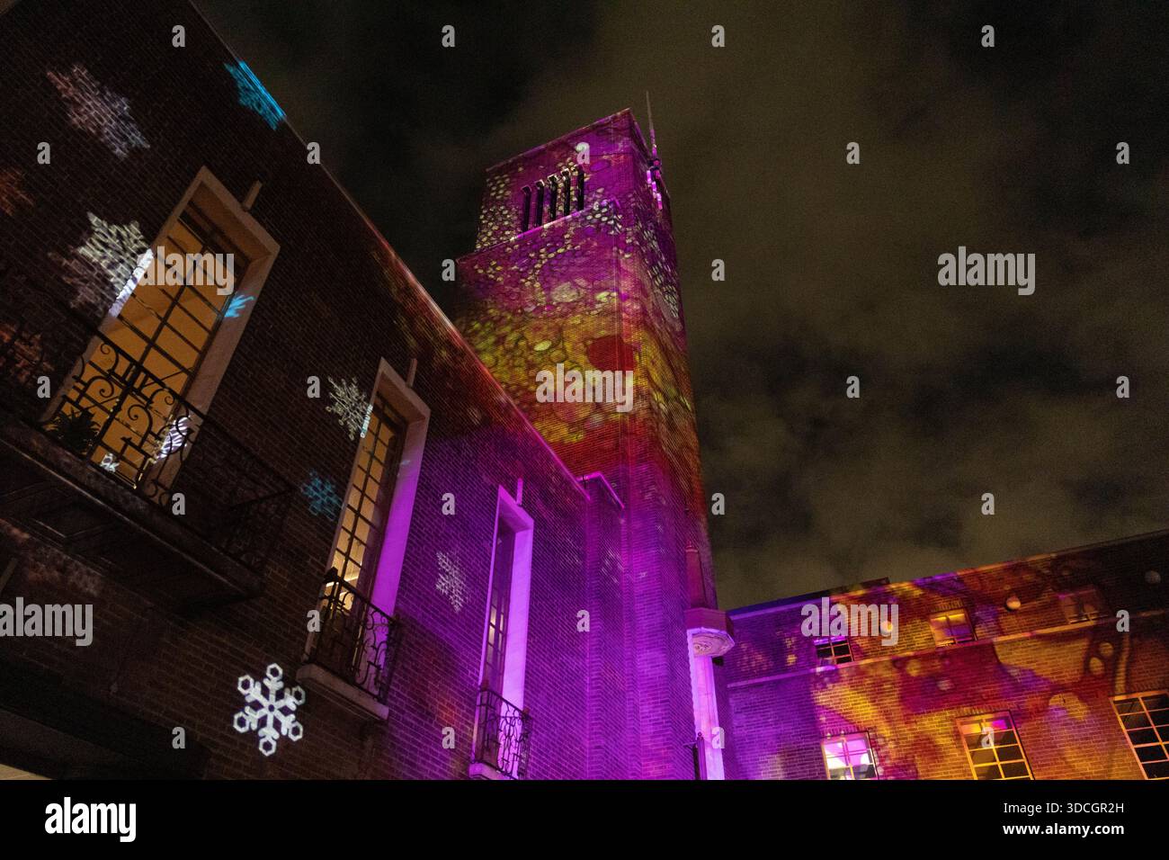 Snowflake Light Show on Hornsey Town Hall, Crouch End, north London, at ...
