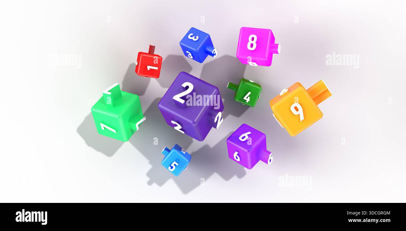 d render numbers 1-9. numbers on 3d cubes. 3d render colorful cubes and ...