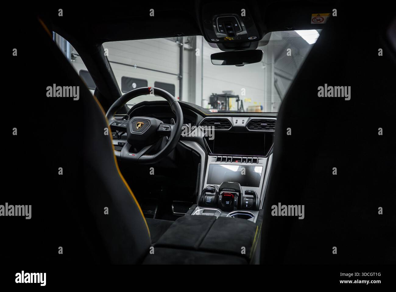 Cockpit of a Lamborghini Urus Performante shows Alcantara, yellow seat ...