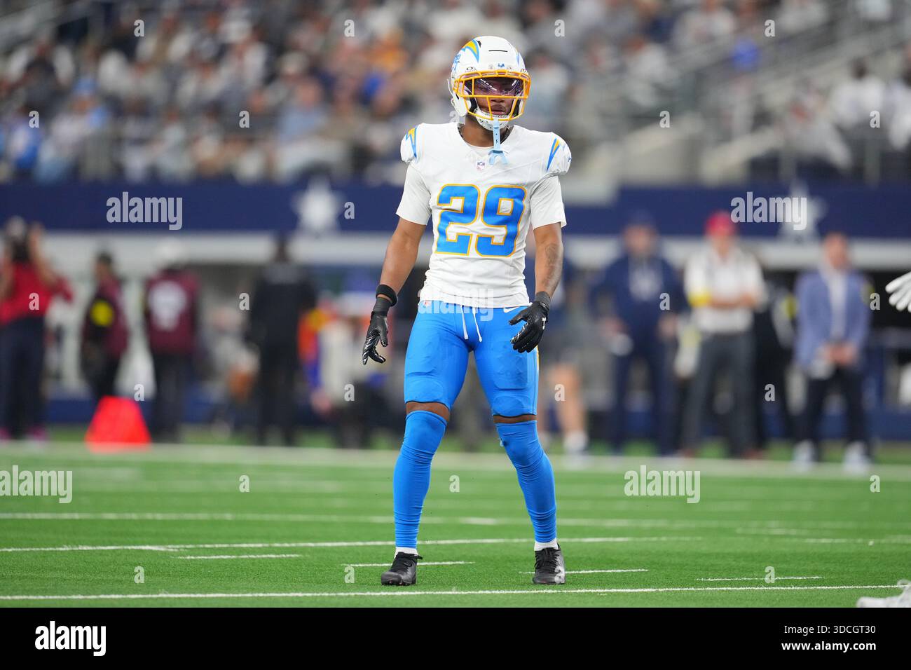 Los Angeles Chargers cornerback Tarheeb Still (29) lines up for a play ...