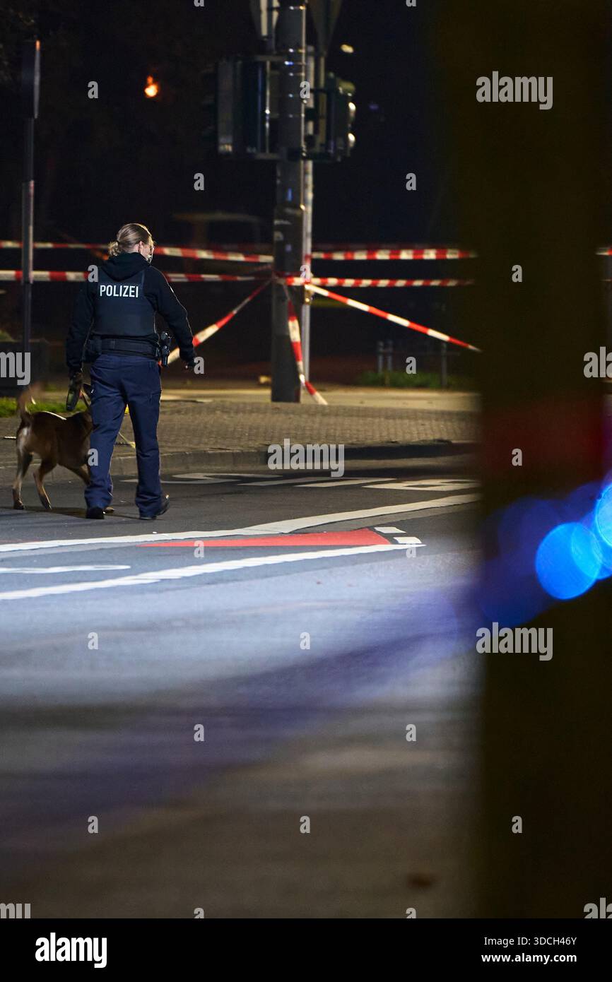 22 December 2025, Hesse, Gießen: A policewoman walks along a street ...