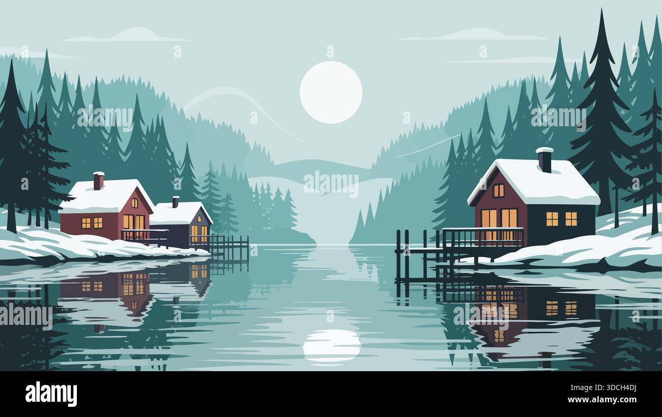Cabin winter lake Stock Vector Images - Alamy