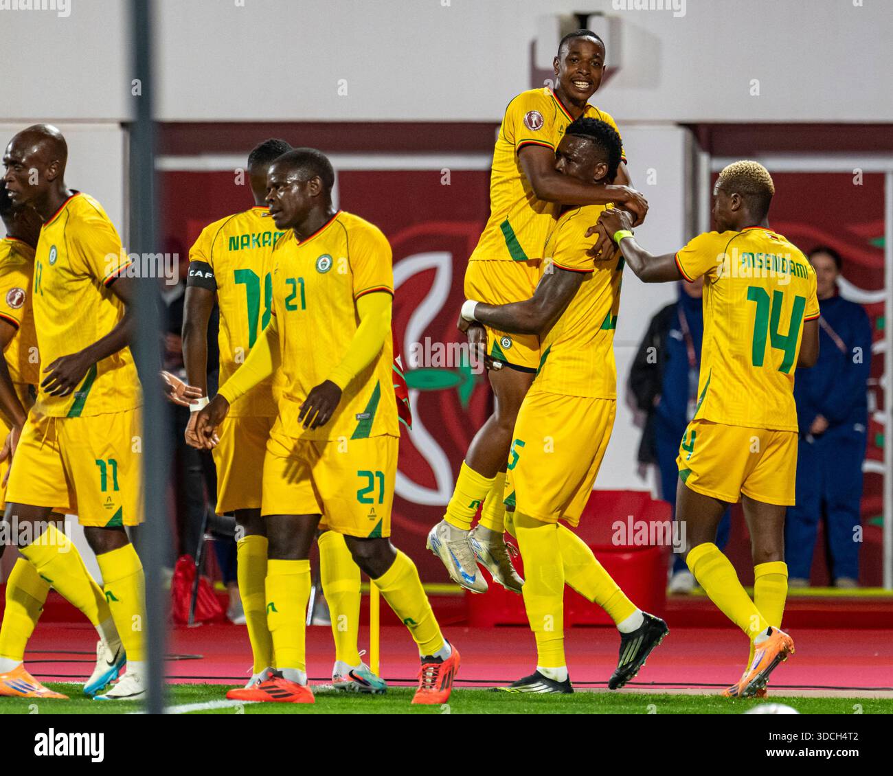 Prince Dube of Zimbabwe celebrates his scoring a goal with team-mates ...