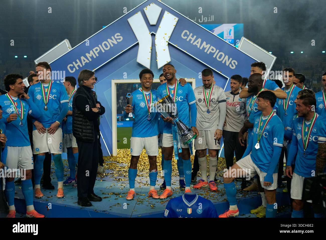 Napoli's David Neres, left, and teammate Napoli's Juan Jesus hold the ...