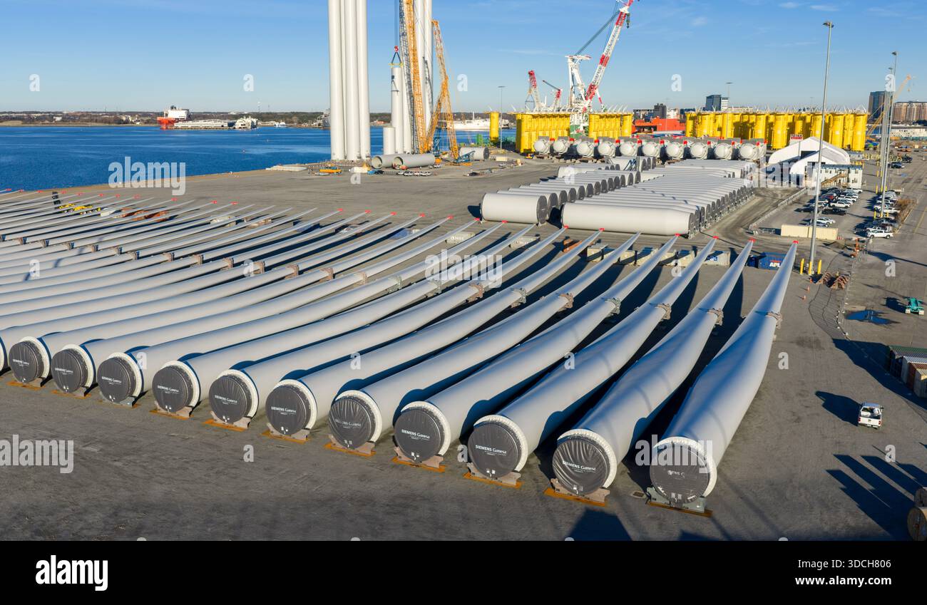 Wind turbine bases, generators and blades are positioned at The ...