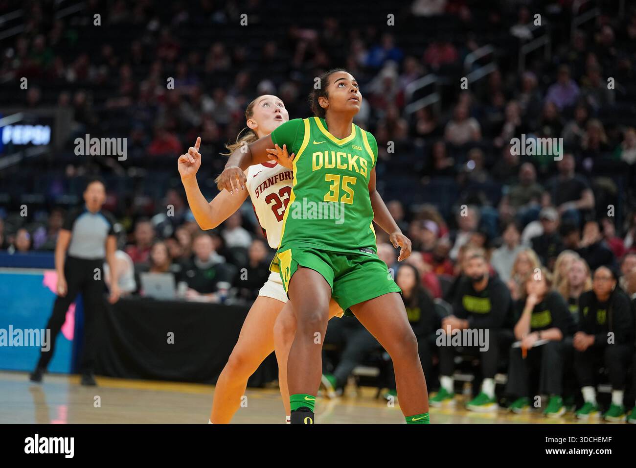 Ehis Etute (35) of the Oregon Ducks screening out Mary Ashley Stevenson ...