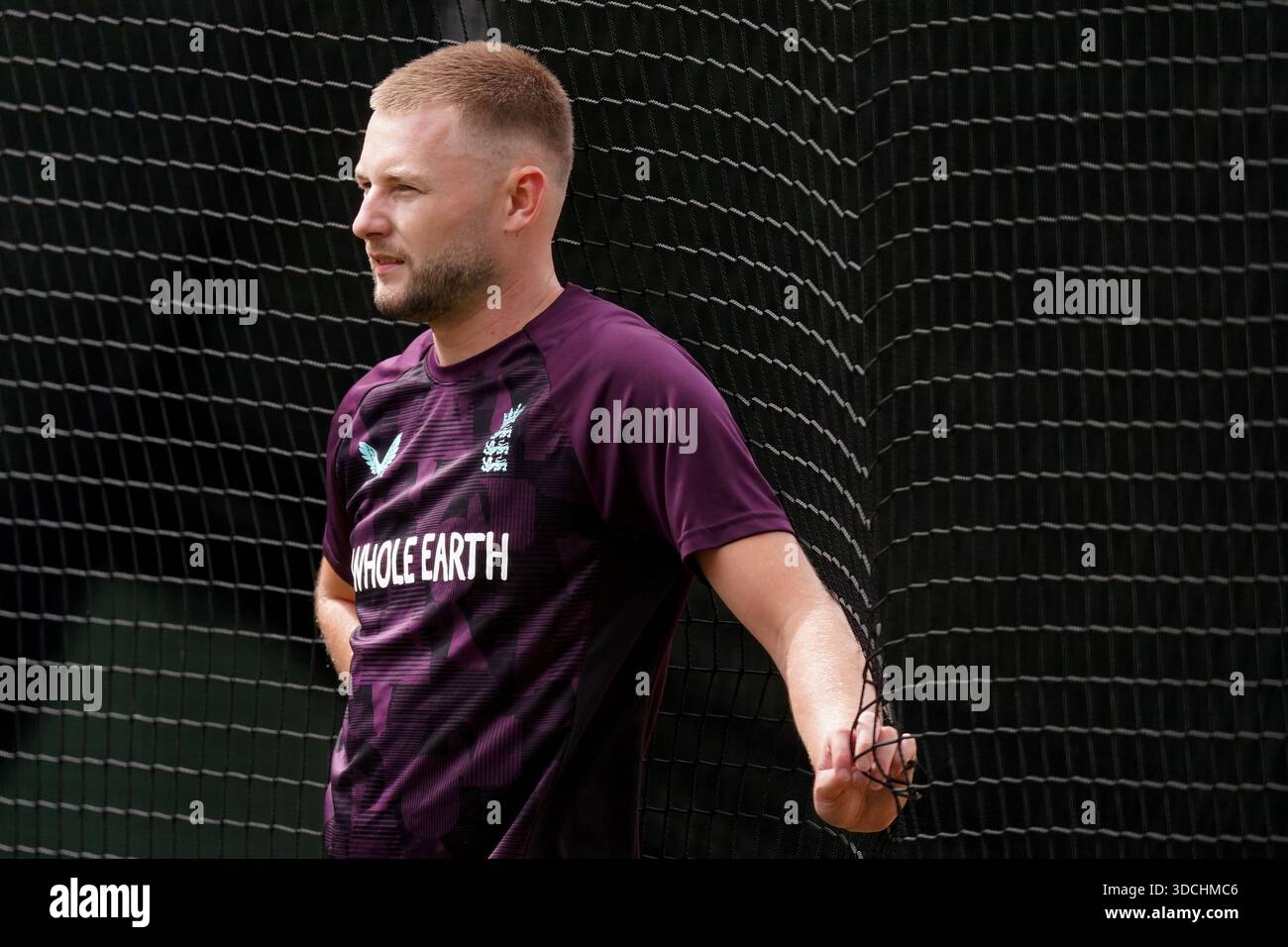 England’s Gus Atkinson looks on during a nets session at the Melbourne ...