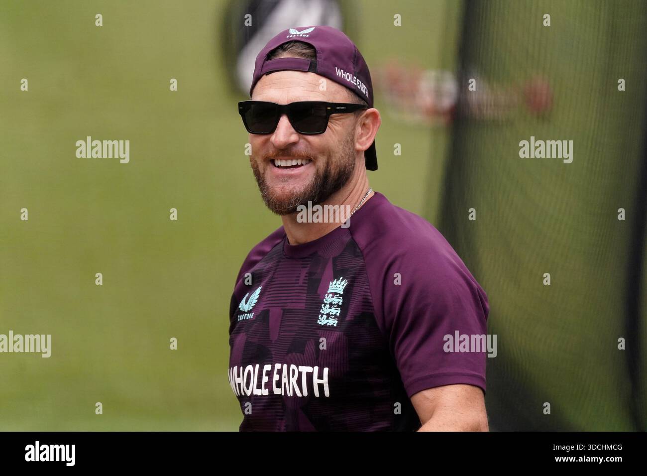 England head coach Brendan McCullum smiles during a nets session at the ...