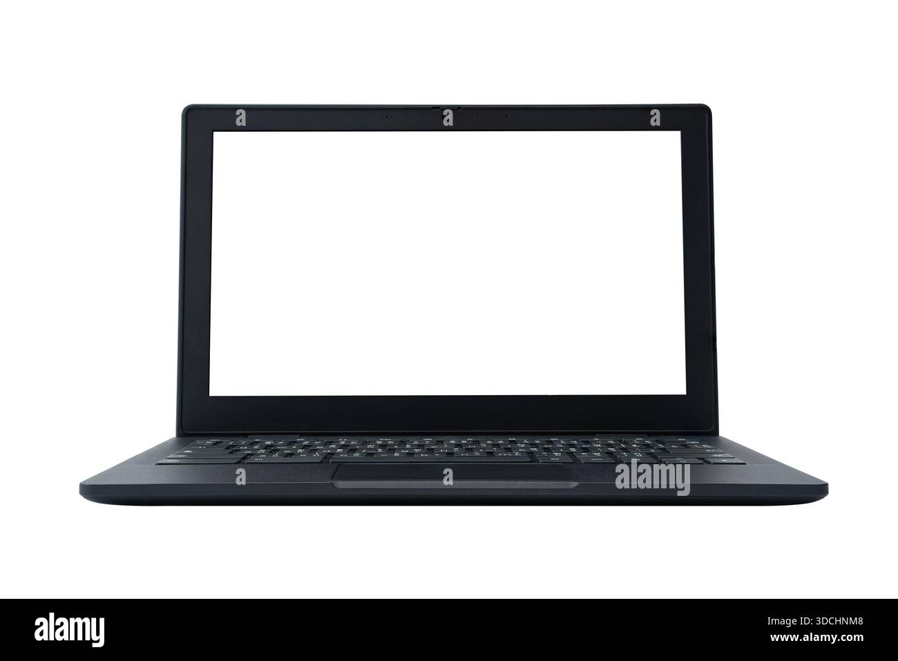 Front view of black laptop computer with empty white screen isolated on ...