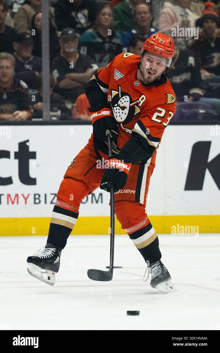 Anaheim Ducks center Mason McTavish (23) shoots during an NHL hockey ...
