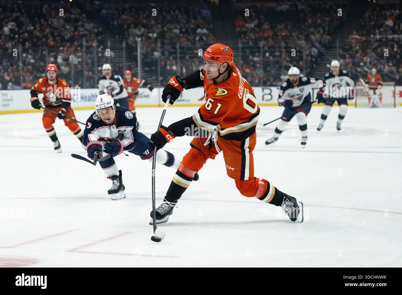 Anaheim Ducks left wing Cutter Gauthier (61) shoots as Columbus Blue ...