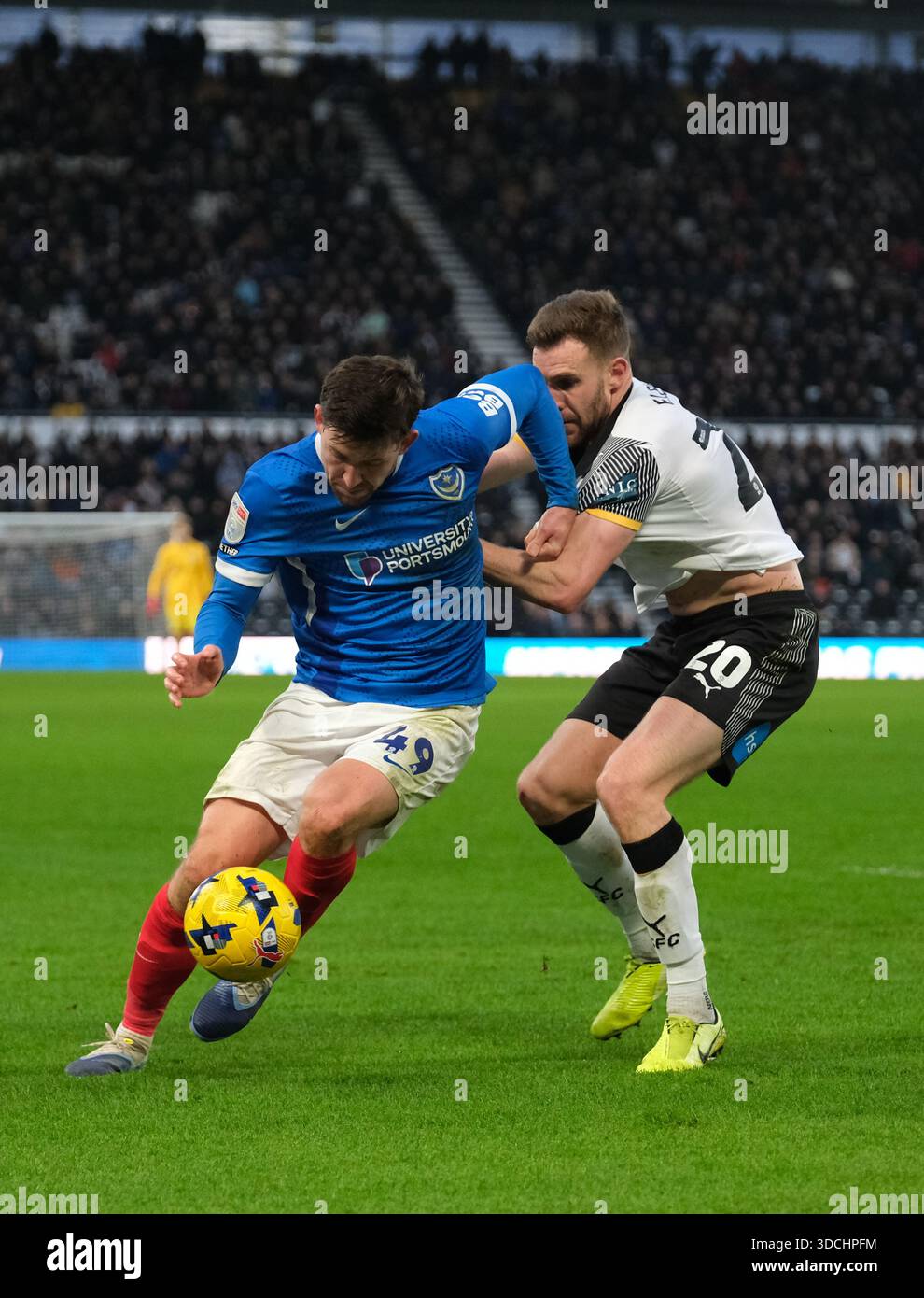 Callum Lang of Portsmouth and Callum Elder of Derby County seen in ...