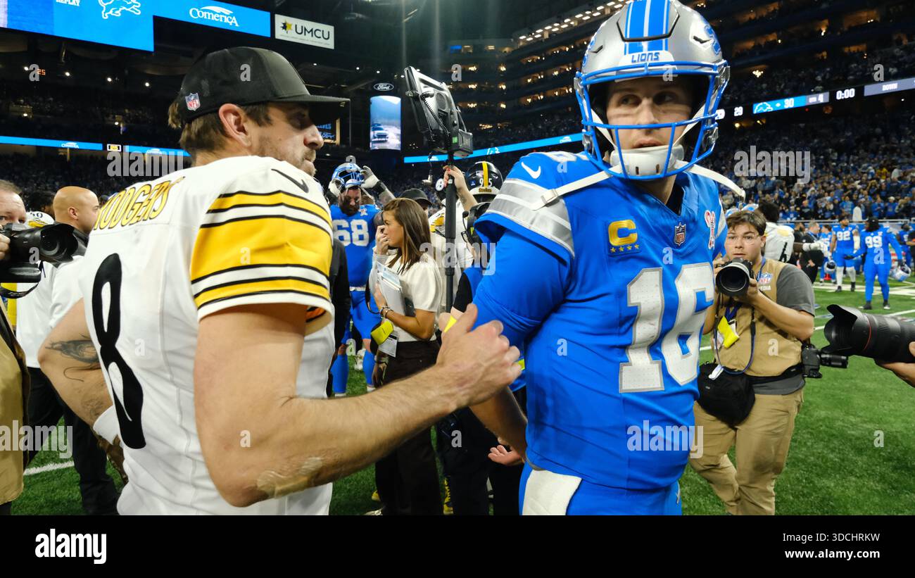 Dec 21, 2025: Aaron Rodgers #8, and Jared Goff #16 during the ...