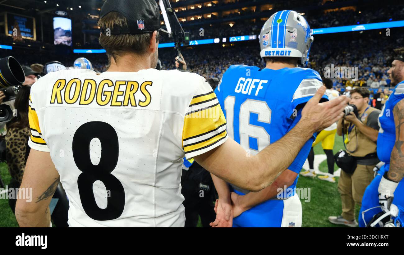 Dec 21, 2025: Aaron Rodgers #8, and Jared Goff #16 during the ...