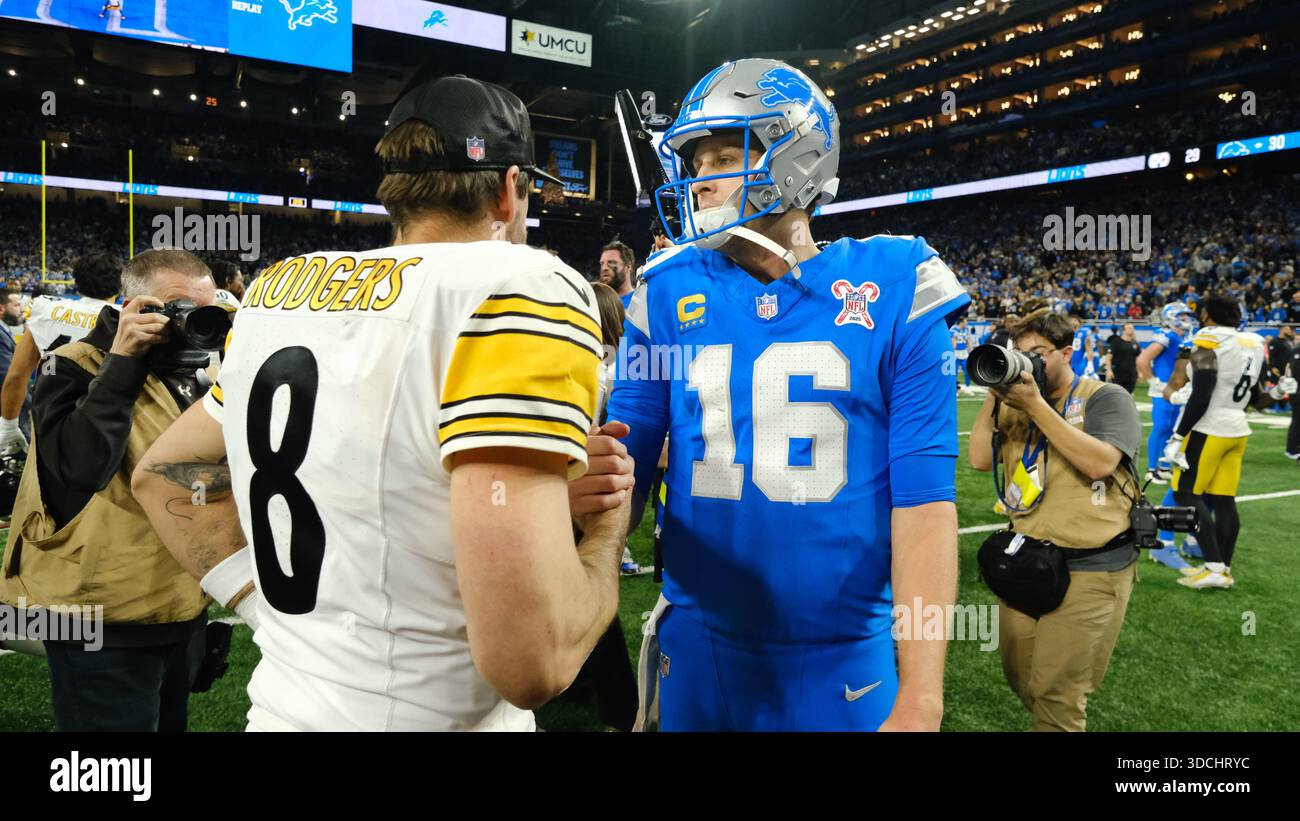Dec 21, 2025: Aaron Rodgers #8, and Jared Goff #16 during the ...