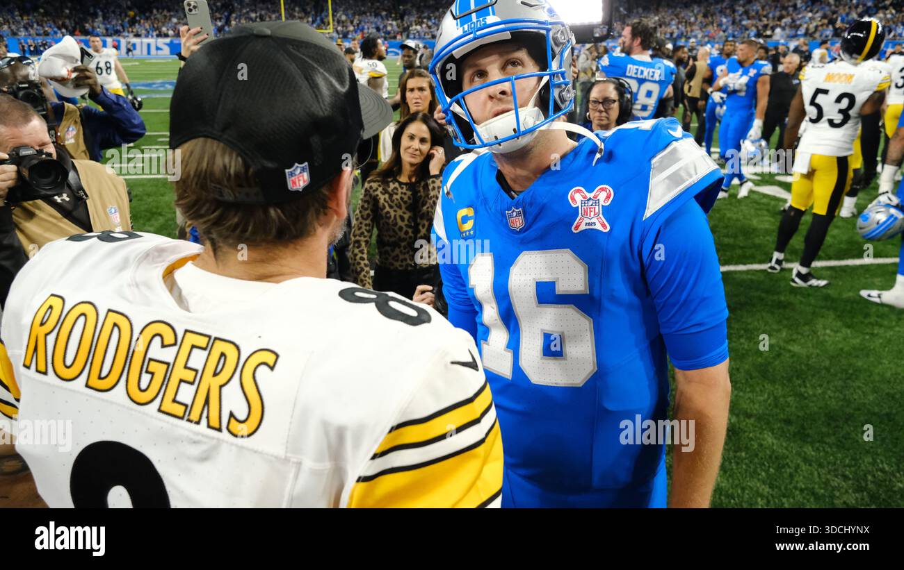 Dec 21, 2025: Aaron Rodgers #8, and Jared Goff #16 during the ...