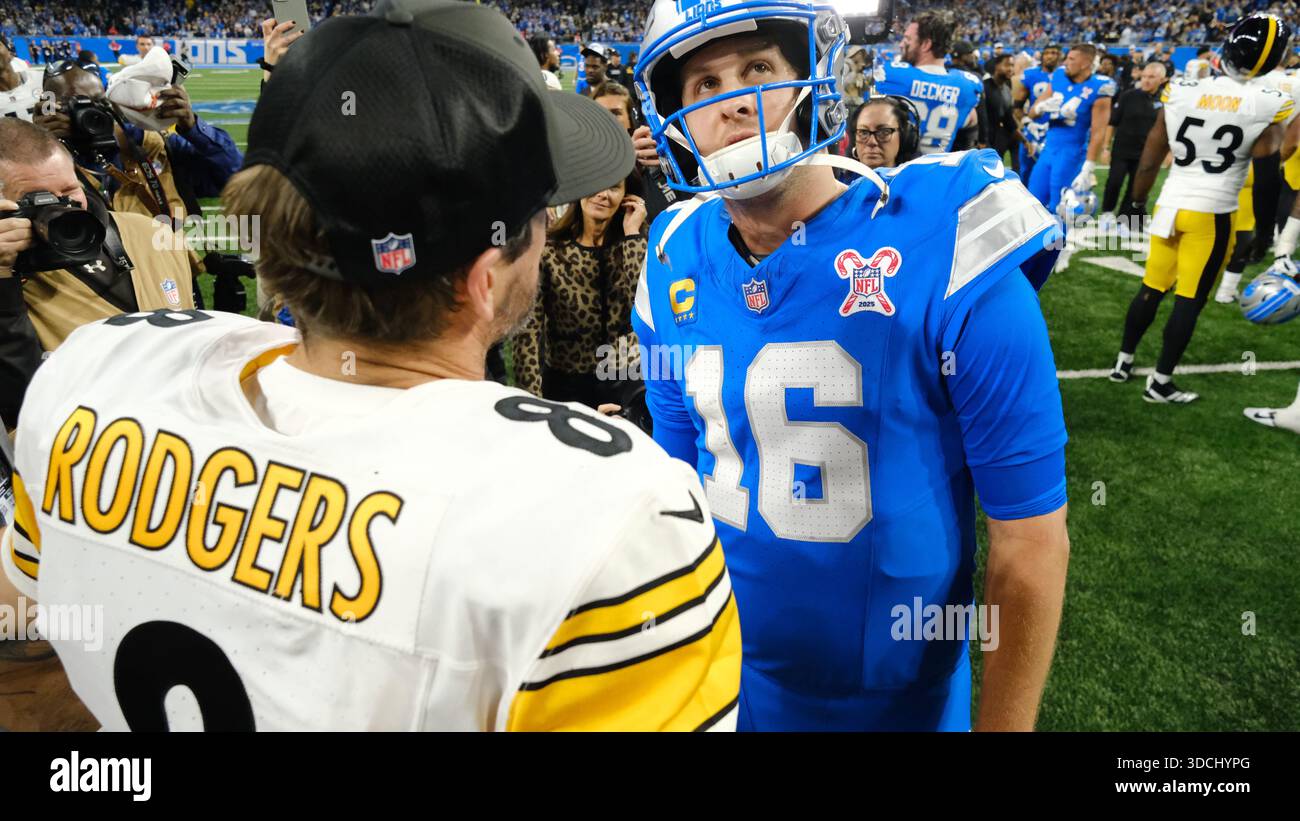 Dec 21, 2025: Aaron Rodgers #8, and Jared Goff #16 during the ...