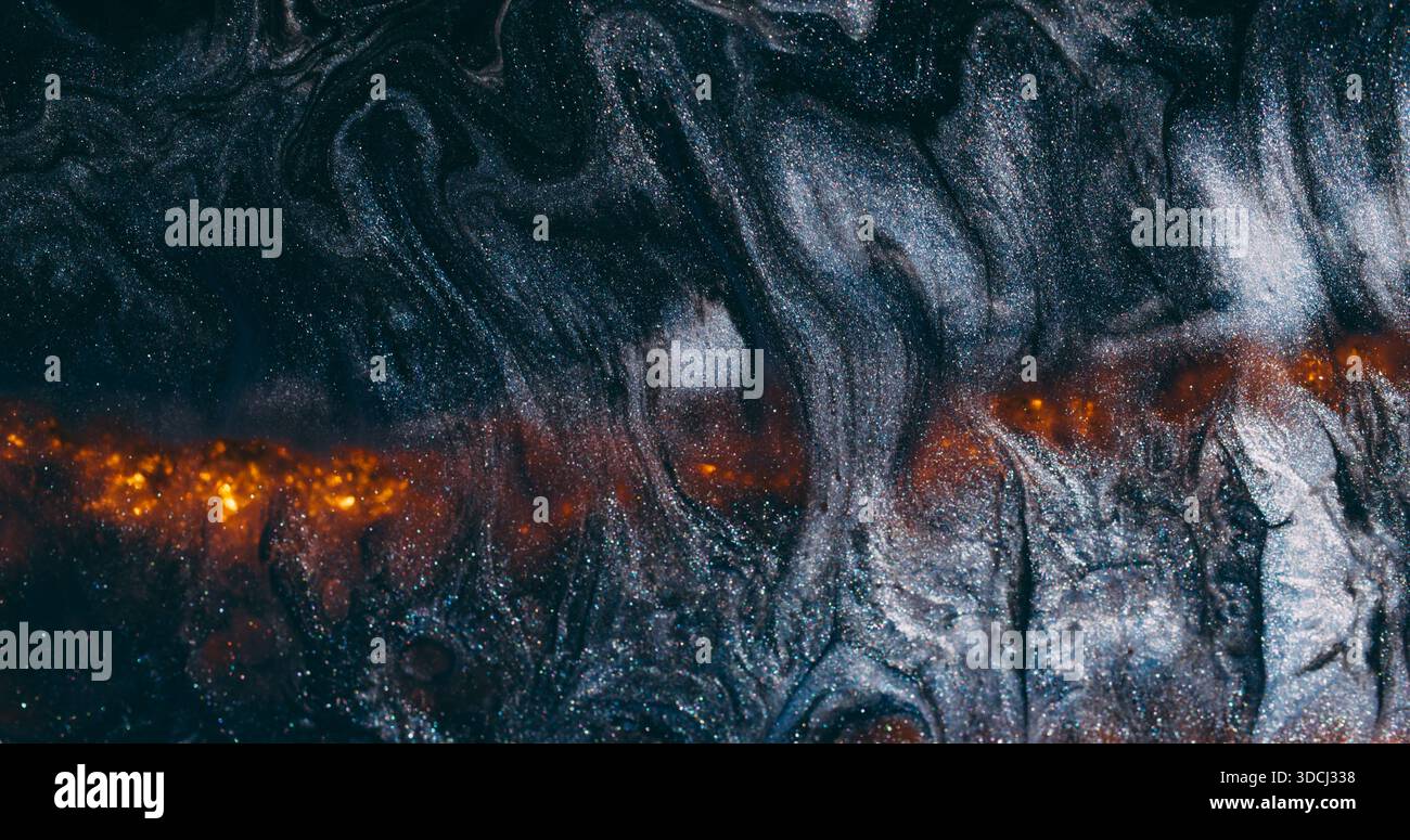 Glitter wave. Paint lava. Black ash shimmering emulsion spill on wet ...