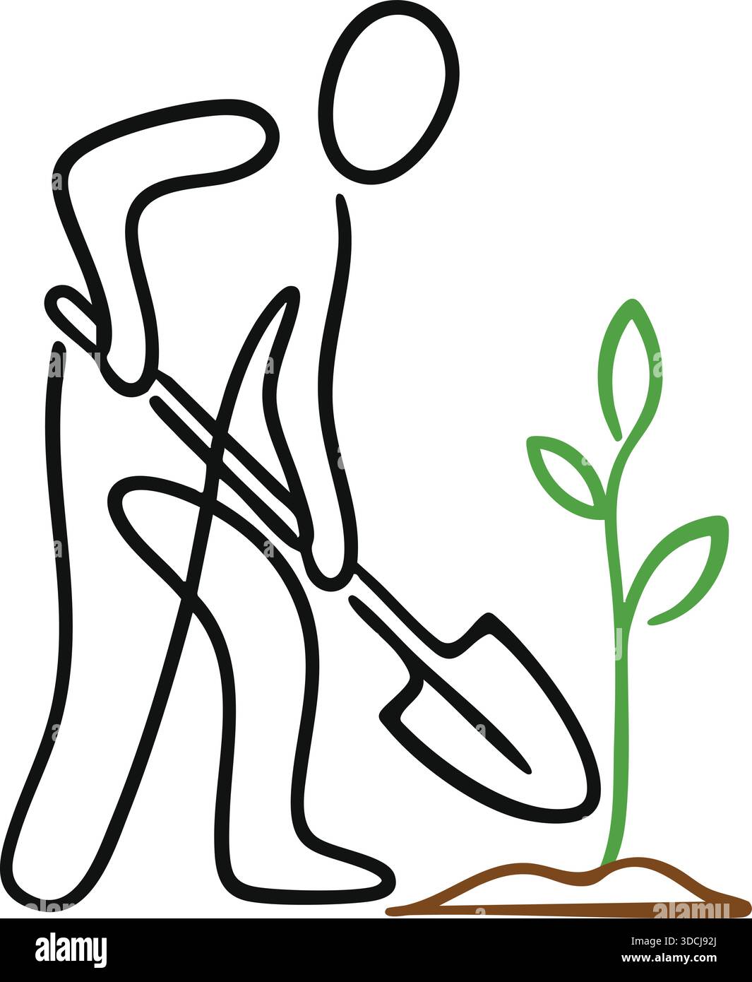 Stick figure gardener using a shovel to plant a small sprouting ...
