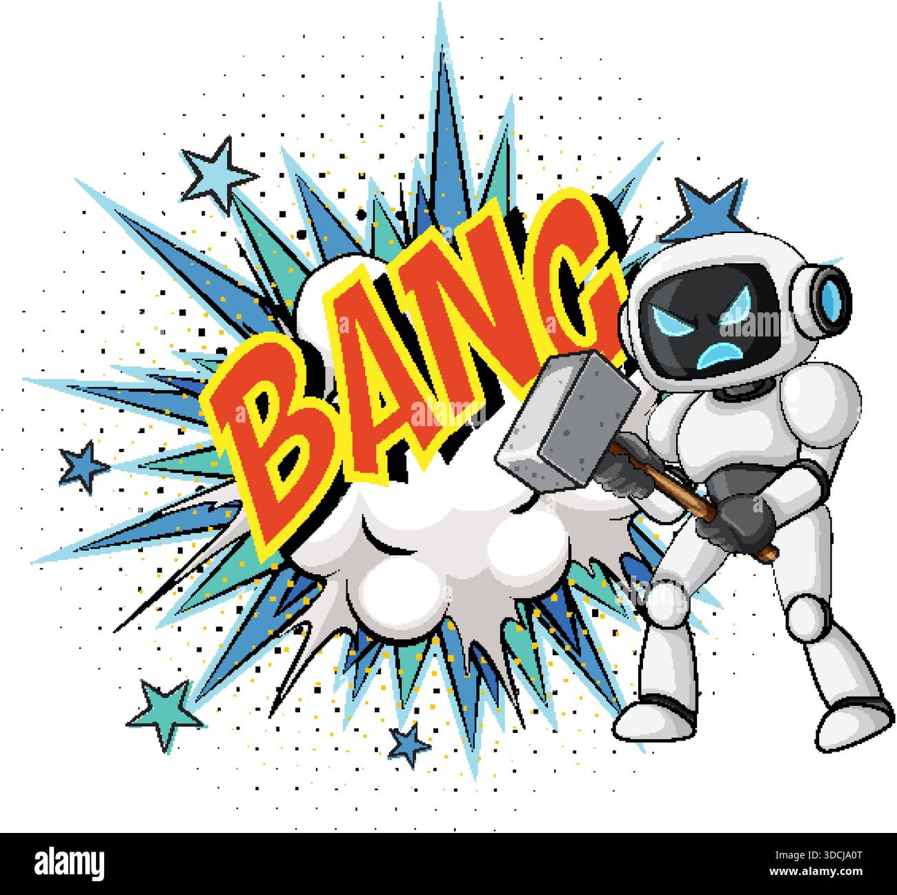 Angry cartoon robot wields hammer, comic explosion background, bold ...
